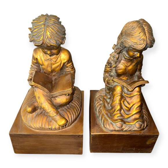 Art | Vintage Boy Girl Reading Bookends Bronze Finish Figurine Decor ...